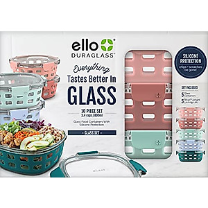 Ello Duraglass Round Glass Meal Prep Storage Containers Set with Leak Proof Airtight Lids, 10 Pc 3.4 Cup/ 800ml, Melon