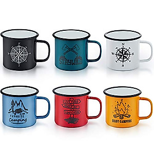 E-far Enamel Camping Mug Set of 6, 16 Ounce Metal Enamel Coffee Tea Cups for Outdoor Camping Hiking Backpacking Kids, 2-Sided Unique Graphic Design & Large Size - Colourful