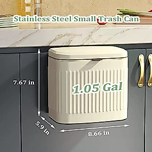 Hanging Kitchen Trash Can with Lid, Sapouni Small Compost Bin for Countertop or Under Sink 1.05 Gallon/4L Wall-Mounted Kitchen Garbage Can Stainless Steel Mini Waste Bins (Milky white，Vertical stripe)
