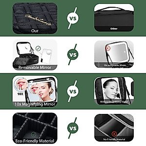 Omobolanle Makeup Bag with Mirror Led Light Detachable Portable Make up Travel Train Case with Adjustable Dividers and 10x Magnifying Mirror Black