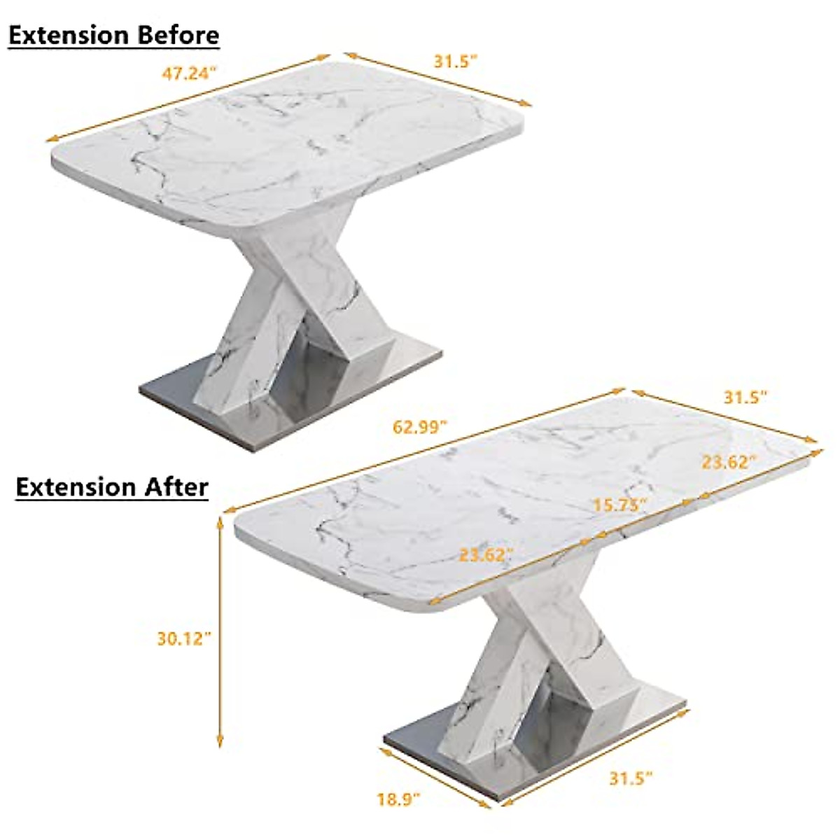 63inch Extendable Marble Dining Table for 4-6, White Faux Marble Dining Room Kitchen Table, Modern Rectangular Dinner Table with Pedestal Base for Dining Room Kitchen (White)