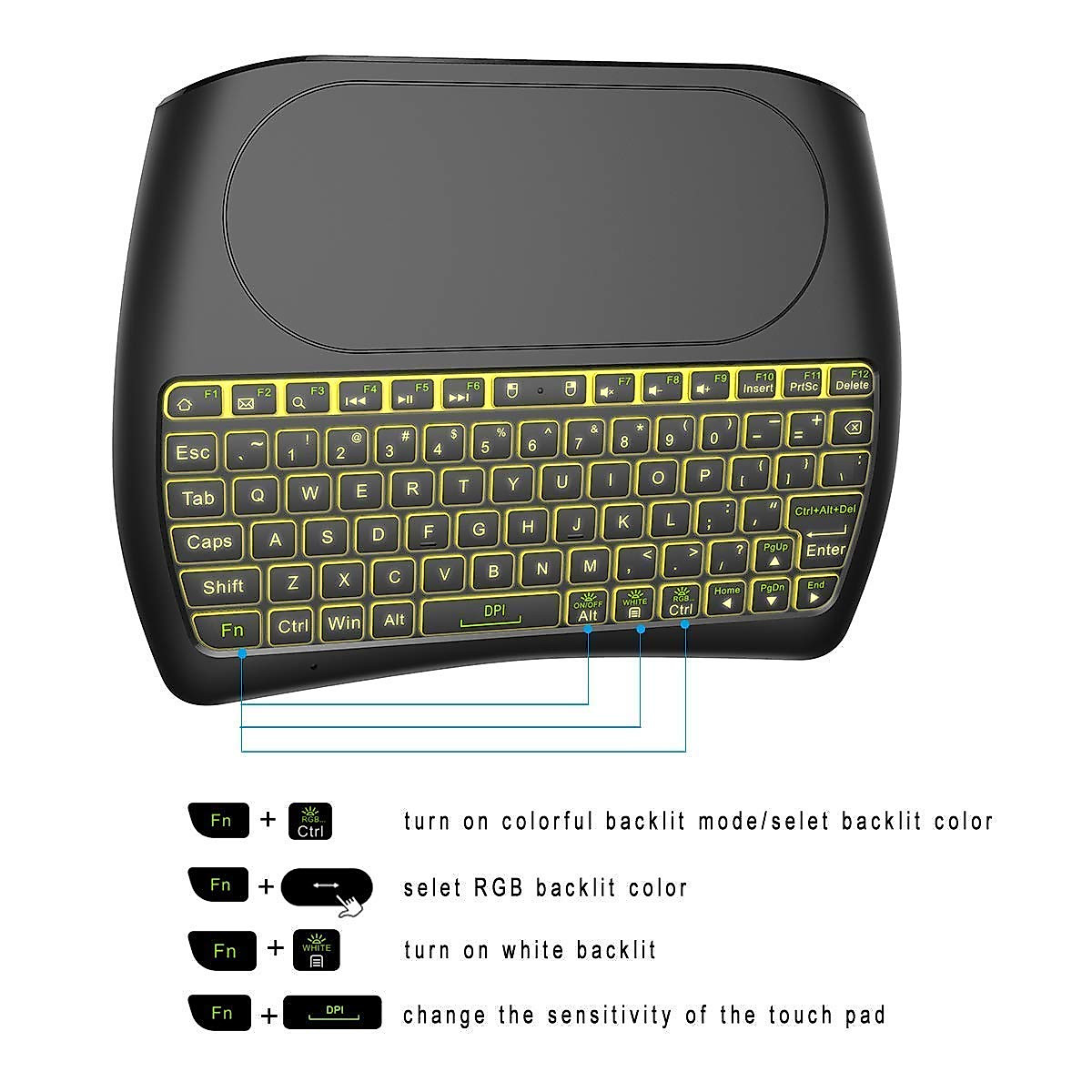Mini Wireless Keyboard,D8 Mini Keyboard with Touchpad,Colorful Backlit Small Wireless Keyboard,Mini Handheld Remote Keyboard for PC,Raspberry Pi 4, Android TV Box,KODI,Windows 7 8 10