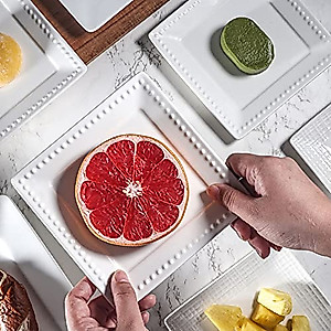 Wareland Bright White Embossed Dots Square Dessert Plates Set of 6, Ultra-fine Porcelain 6 inch Appetizer Plates, Farmhouse Salad Plates Set for Sides, Dessert, Snack, Small Heavy Duty Dinner Plates