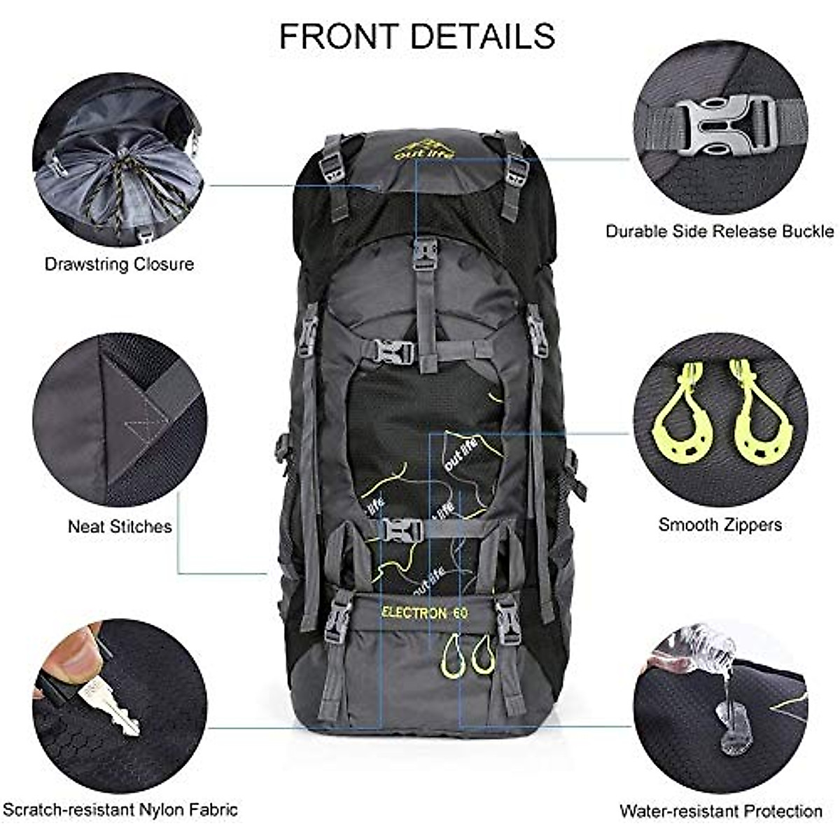 OUTLIFE Hiking Backpack 60L Lightweight Water Reasistant Trekking Bag Durable Outdoor Sport Daypack for Climbing Mountaineering Fishing Travel Cycling