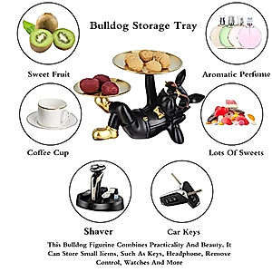 Resin Bulldog Storage Tray Key Candy Jewelry Earrings Tray, 2 Metal Trays Animal Sculpture Table Decoration French Bulldog Figurine Sculptures for Home Decor Living Room Office Fun Ornament (Black)