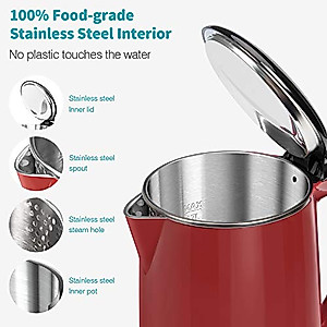 Secura SWK-1701DB The Original Stainless Steel Double Wall Electric Water Kettle 1.8 Quart, Red