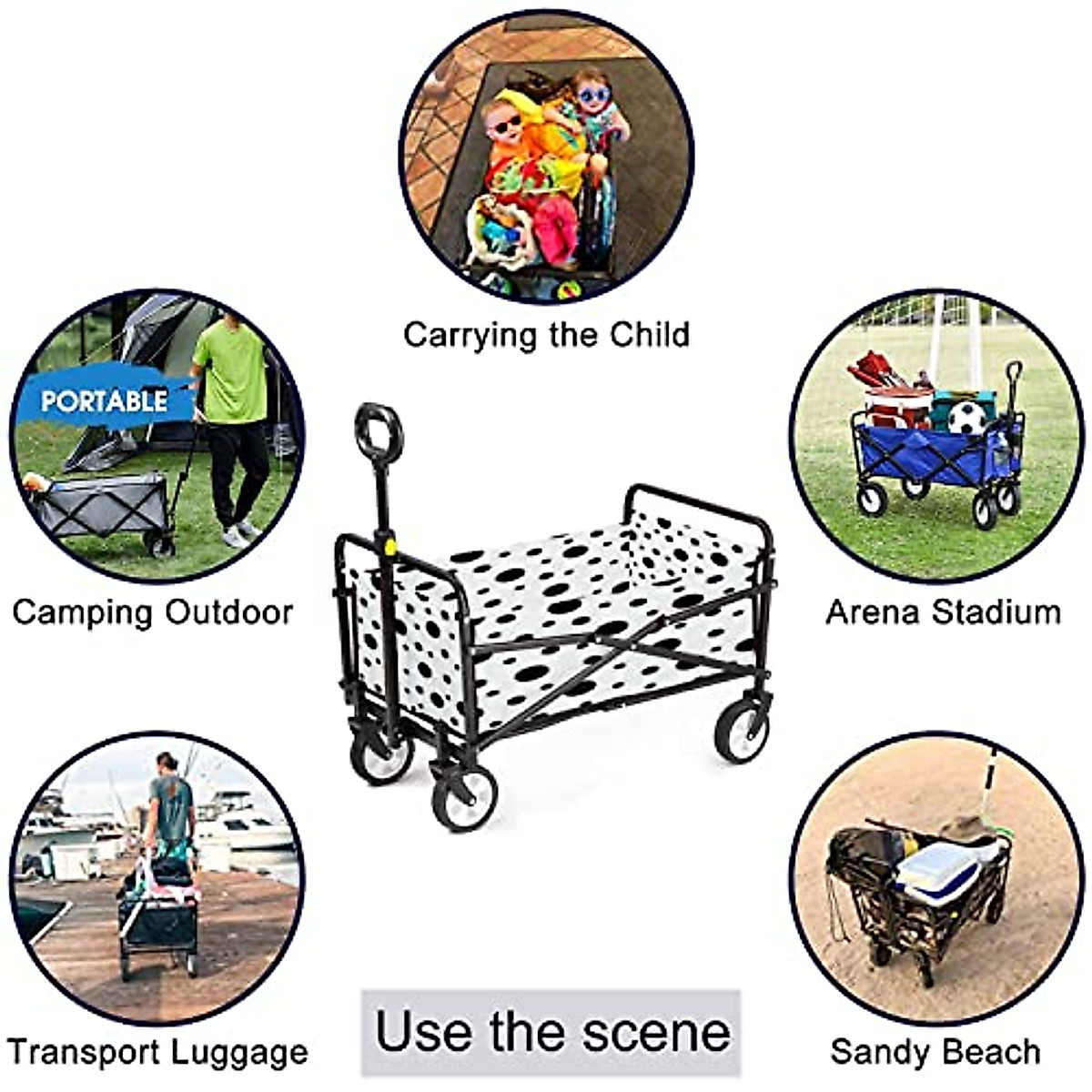 Collapsible Wagon Cart Seamless White with Black Circles Foldable Utility Wagon Large Capacity Garden Cart with Push Bar for Beach Camp Outdoor Shopping