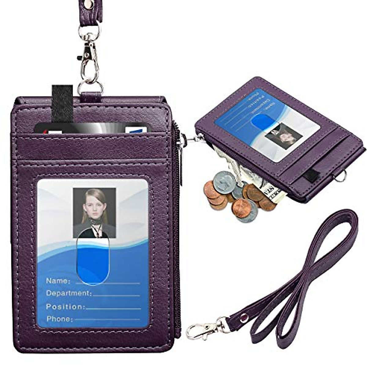 ELV Badge Holder with Zipper, PU Leather ID Badge Card Holder Wallet with 5 Card Slots, 1 Side RFID Blocking Pocket and 20 inch Neck Lanyard Strap for Offices ID, School ID, Driver Licence (Purple)