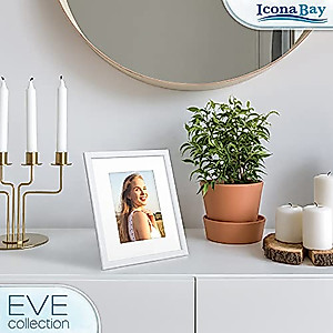 Icona Bay 8x10 White Picture Frame w/Removable Mat to 5x7, Modern Double-Beveled Frame, Tabletop or Wall Mount, Eve Collection