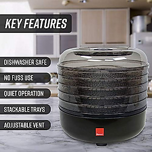 Ronco Beef Machine, 5-Tray Dehydrator with 5-Piece Kit, Food Preserver Quiet Operation, for Turkey, Chicken, Fish, Fruits, Vegetables, Deluxe Black with Jerky Gun