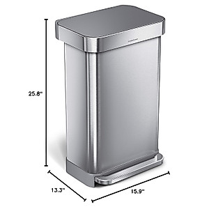 simplehuman 45 Liter / 12 Gallon Liter Rectangular Hands-Free Kitchen Step Trash Can with Soft-Close Lid, Brushed Stainless Steel with Plastic Lid