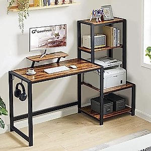 GreenForest Computer Desk 59 inch with Storage Printer Shelf Reversible Home Office Desk with Movable Monitor Stand and 2 Headphone Hooks for Study Writing PC Gaming Working, Walnut
