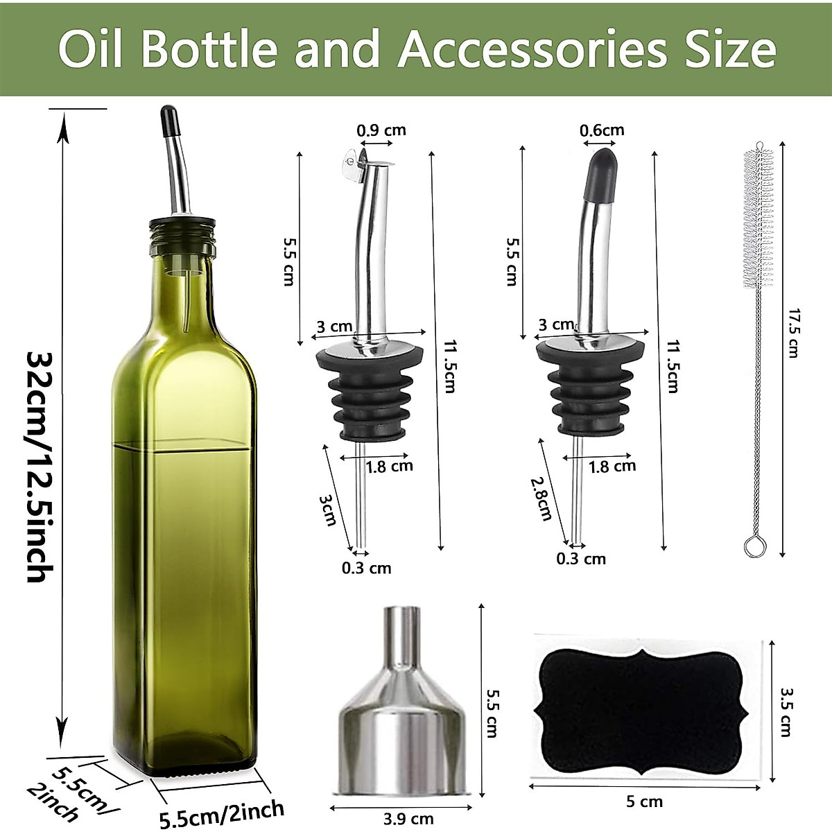 17oz Olive Oil Dispenser Bottle, 500ml Oil & Vinegar Cruet with 2 Stainless Steel Pourers, 2 Labels,1 Brush and 1 Funnel for Kitchen-Green
