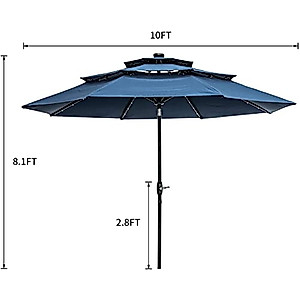 Saemoza 10ft 3 Tiers Patio Umbrella with Solar Powered, Outdoor Market Table Umbrella with 40 LED Lights, Push Button Tilt, Crank and 8 Ribs for Garden, Backyard and Pool (navy blue)