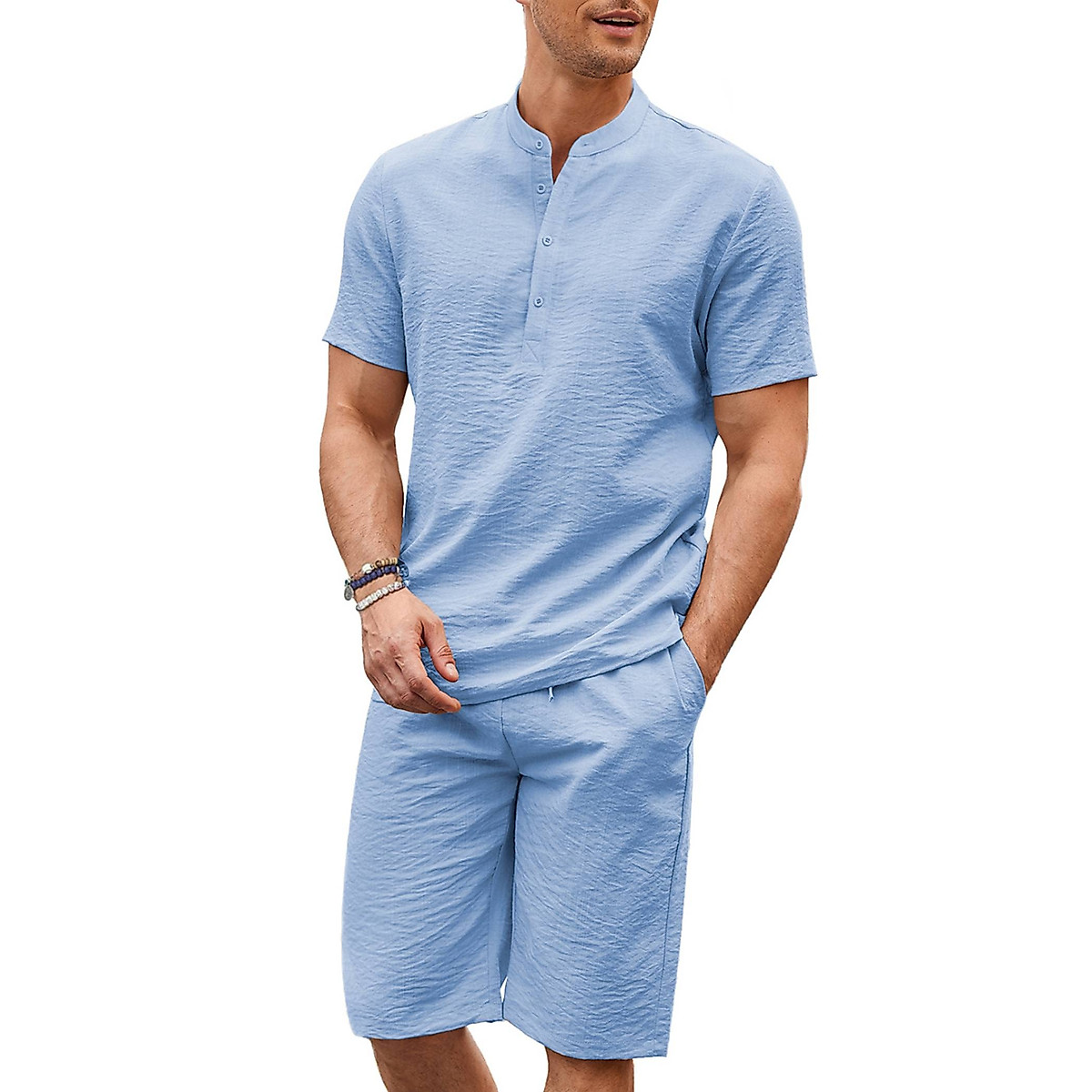 COOFANDY Men's 2 Pieces Linen Set Casual Henley Shirts Short Sleeve Beach Yoga Shorts Summer Pants Outfits