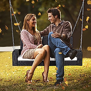 Happygrill Porch Swing Bench Outdoor 2-Person Patio Rattan Swing Chair with Soft Cushions, 7.9ft Reinforced Steel Chain, Solid Steel Frame, Perfect for Backyard, Poolside, Front Porch White