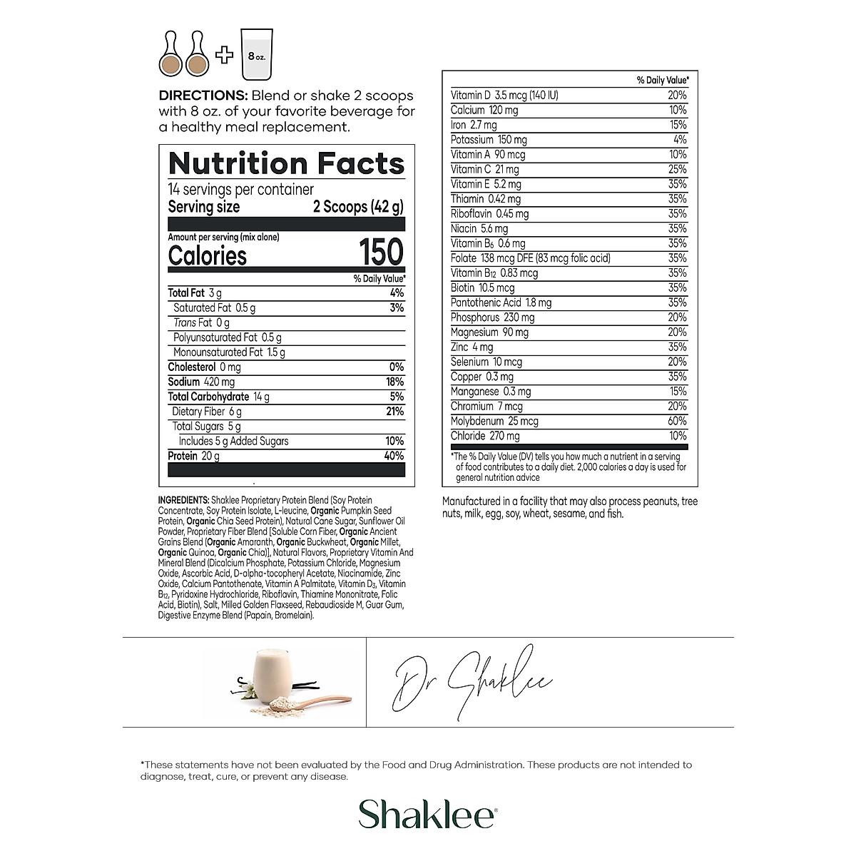 Shaklee Life Shake™ Soy Protein French Vanilla - Complete Meal Replacement with 20g Protein, 6g Fiber, 24 Vitamins & Minerals - Supports Satiety & Healthy Weight - Non-GMO - 14 Servings