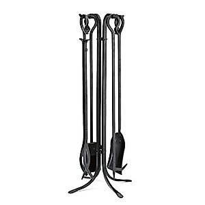 Plow & Hearth Tall 5 Piece Hand Forged Iron Fireplace Tool Set with Poker, Tongs, Shovel, Broom, and Stand 7-in Diam. x 32.5 H Black