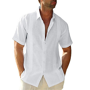 Hestenve Mens Short Sleeve Cuban Camp Guayabera Shirt Linen Cotton Hippie Beach Button Down Shirts White