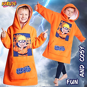 Naruto Fleece Hoodie Blanket for Boys and Teenagers - One Size Kids Oversized Hoodie with Sherpa Lining Gifts for Boys Orange