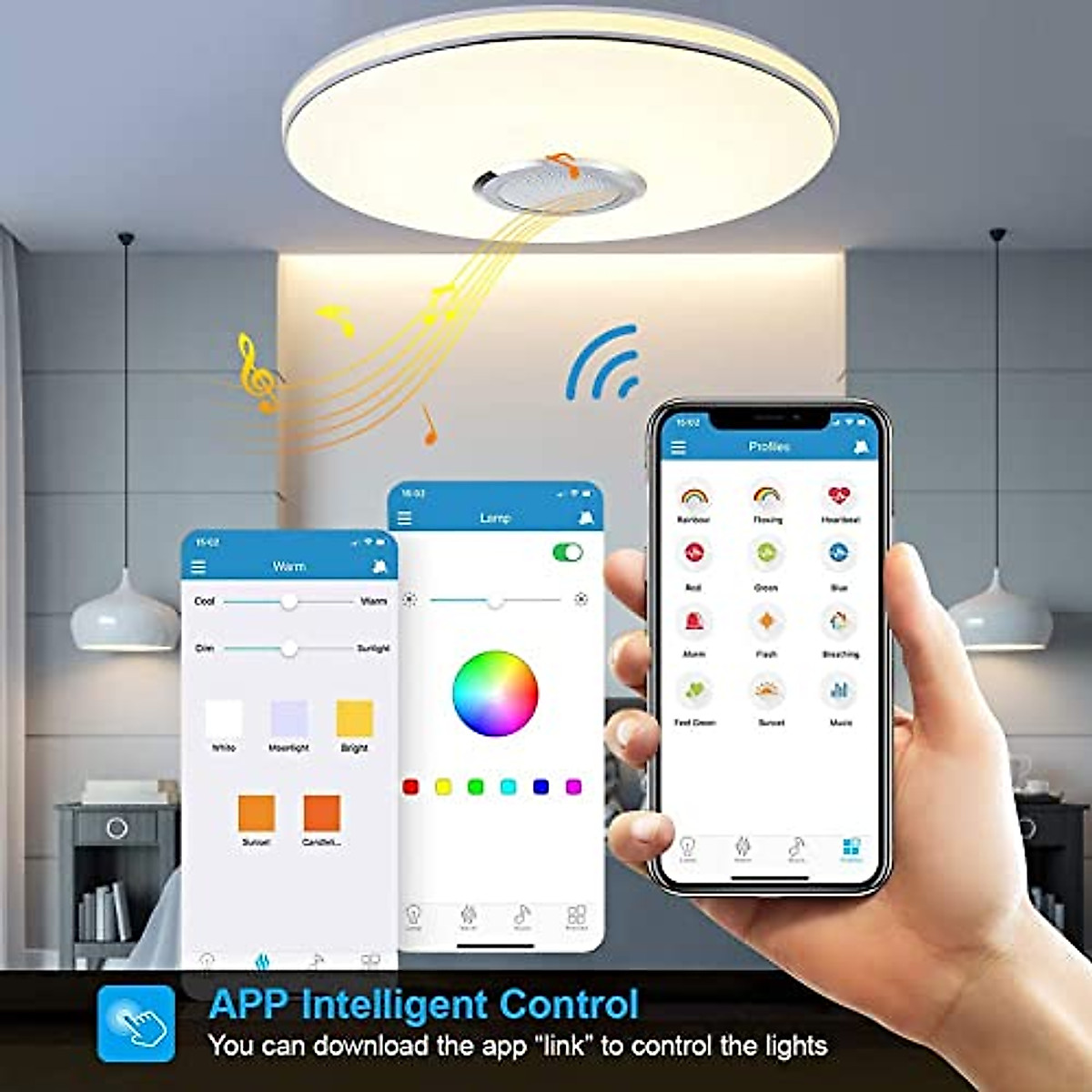 WZTO 36W LED Music Ceiling Light with Bluetooth Speaker, RGB LED Flush Mount Smartphone APP Control Remote Color Changing Ceiling Lamp, Waterproof Light Fixture for Kids Room Bedroom