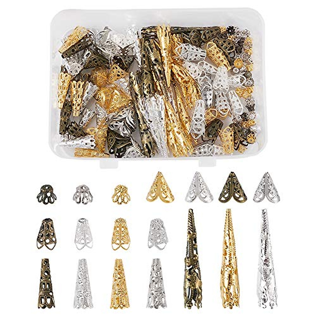 450pcs/Box 5 Styles Tibetan Iron Long Filigree Flower Spacer Bead Caps Metal Cones Bead End Caps Mixed Colors for Jewelry Making Hole: 1-2mm