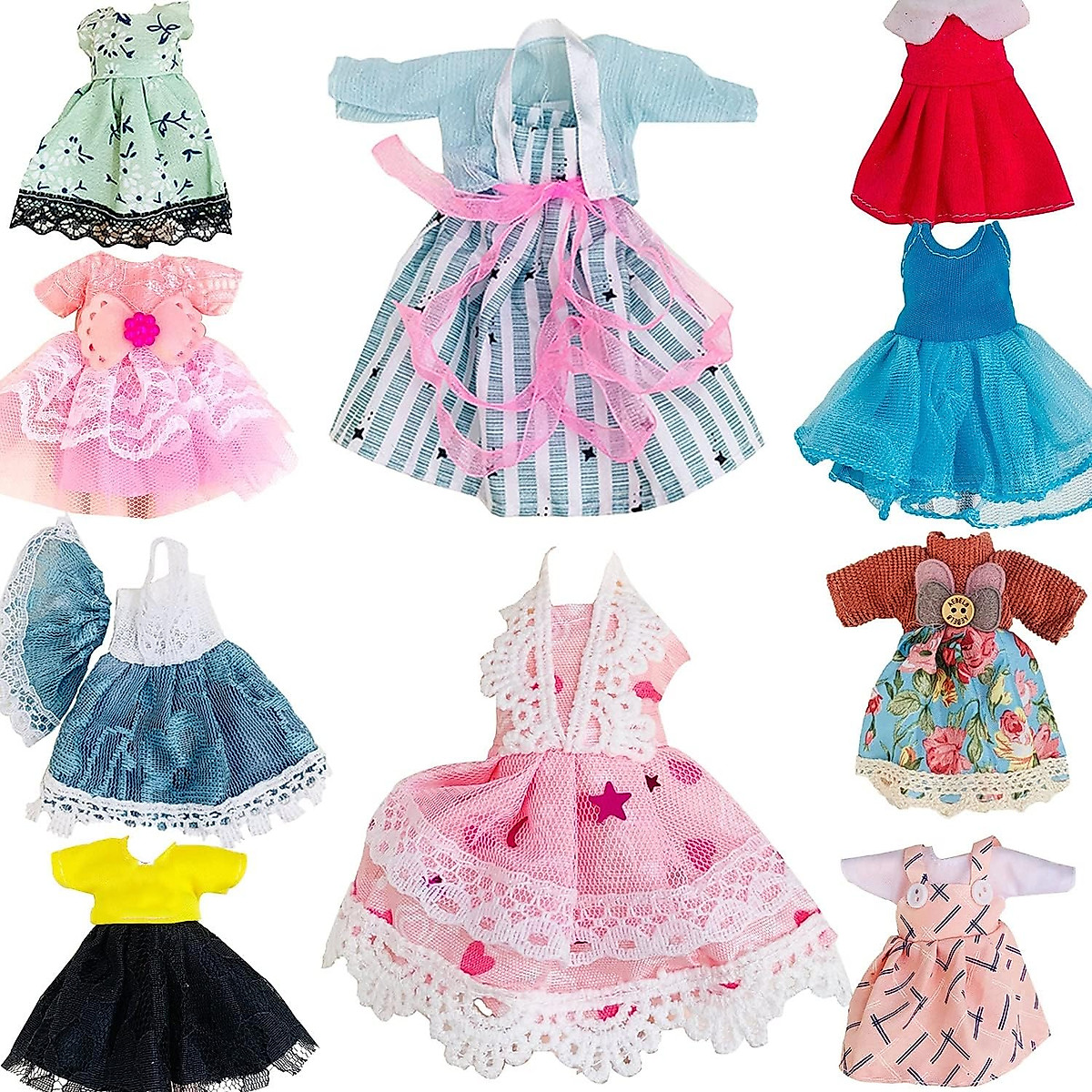 Huang Cheng Toys 6.3" Mini Girl Dolls, Include 10 Sets Handmade Doll Clothes, 5 Sets 6.3" Small Girl Dolls, 5 Pairs of Shoes