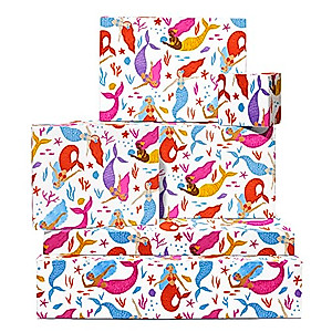 CENTRAL 23 Mermaid Wrapping Paper - 6 Sheets of Birthday Gift Wrap with Tags - For Baby Girls Kids - Comes with Fun Stickers - Recyclable