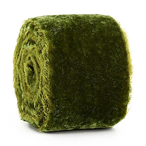 HUIHUANG Olive Green Velvet Ribbon 2 inch Handmade Fringe Frayed Silk Velvet Ribbon for Flower Bouquet, Gift Wrapping, Invitations, Holiday Christmas Decor, Wedding Bridal Shower Decor-3 Yards