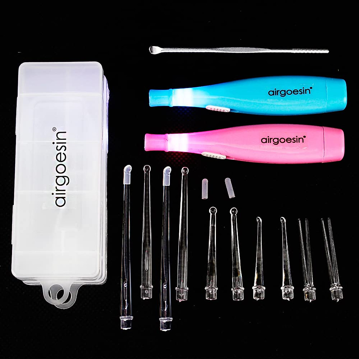 Airgoesin 2 Lighted Tonsil Stone Remove Tool, 10 Tips, Tonsillolith Pick + Case Oral Clean Longer Attachment