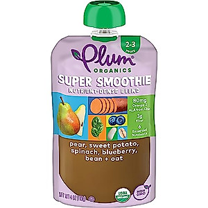 Plum Organics | Super Smoothie | Organic Baby Food Meals | Pear, Sweet Potato, Spinach, Blueberry, Beans & Oats | 4 Ounce Pouch (24 Total Pouches) Packaging May Vary