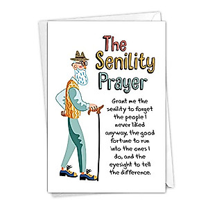 NobleWorks - 1 Funny Happy Birthday Notecard - Old Man Humor Greeting Card with Envelope - Man's Senility Prayer C9348BDG