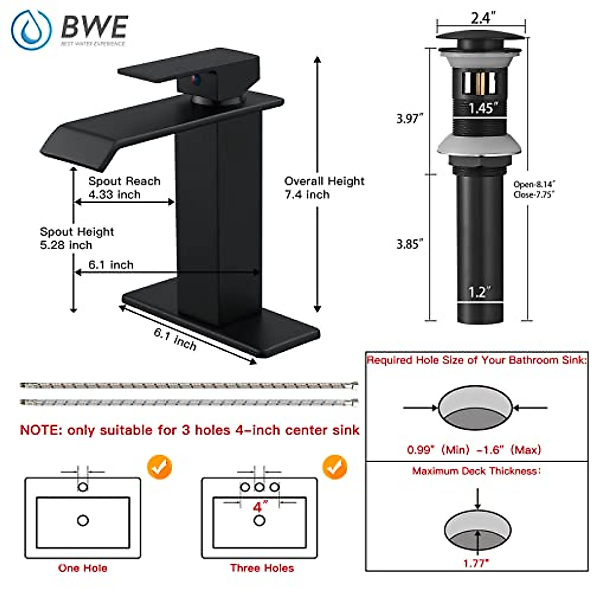 BWE Black Bathroom Faucet Modern Waterfall Matte Black Bathroom Sink Faucet Single Hole with Pop Up Drain Parts Spout Bath Lavatory Vanity Stopper Overflow and Supply Hose Single Handle