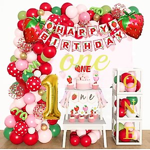 Amandir 162Pcs Strawberry Birthday Party Decorations Strawberry Balloons Garland Arch Kit Berry First Birthday Party Supplies for Baby Shower Girls Summer Fruit Party Decor