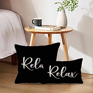 ULOVE LOVE YOURSELF Relax Lumbar Throw Pillow Case 12×20 Inch Housewarming Gifts Farmhouse Black Decorative Rectangular/Waist Cushion Cover for Sofa Beach Porch Bench Decor(12"×20", Black)