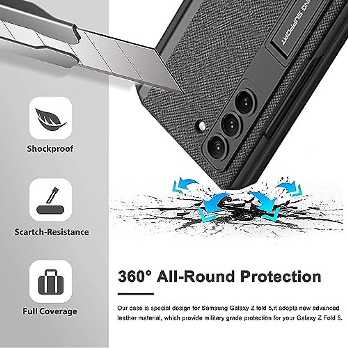 Miimall for Galaxy Z Fold 5 Case, Built-in S Pen Holder+Magnetic Hinge Protection+Screen Protector+Kickstand Military Grade Shock-Proof Protection Phone Case for Samsung Galaxy Z fold 5 (Grey)