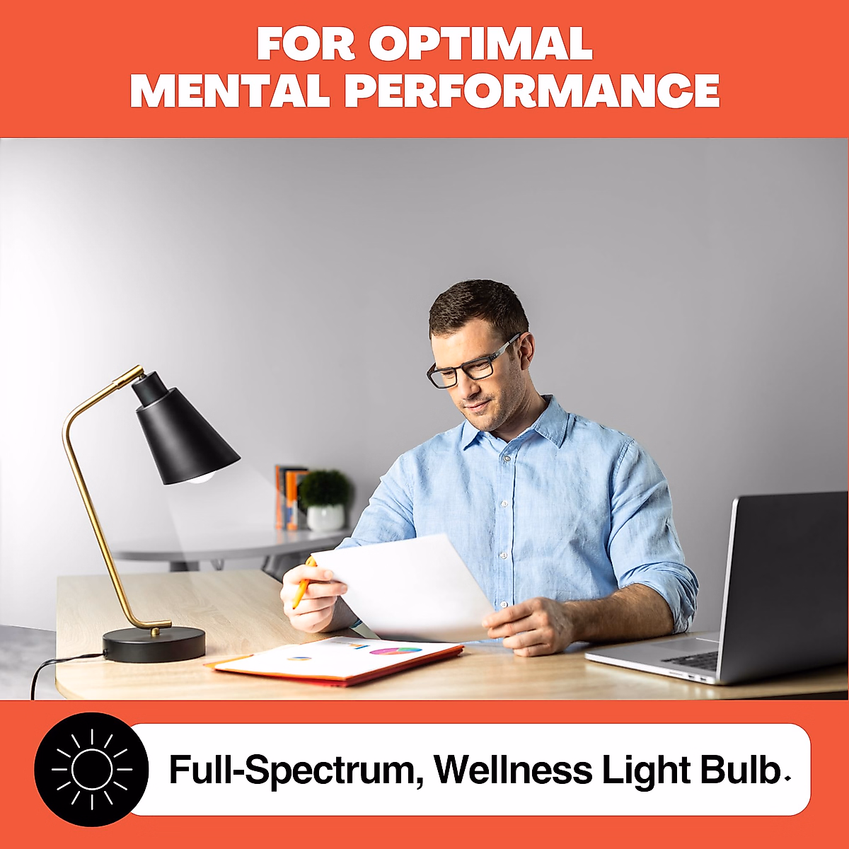 NorbFOCUS Desk Lamp LED Light Bulb. Unique Light Spectrum for Mental Performance. Supports Learning, Retention, Recall, Reading Speed. For Use as a Reading Light, Study Light, Work Light or Task Light