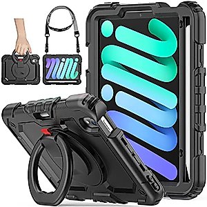SEYMAC stock Case for iPad Mini 6 Genration 2021，[Full-Body][Shock Proof] Screen Protector Case with 360 Degree Handle Ring Folding Stand for iPad Mini 6th Gen 8.3 Inch,Black/Black