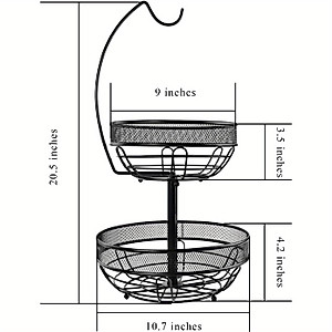 Fruit Basket with Banana Hanger,2-Tier Fruit Basket,Large 2-Tier Fruit Basket for Kitchen,Sturdy Metal Fruit Basket for Kitchen Counter,Elegant Fruit and Vegetable Basket (Black)
