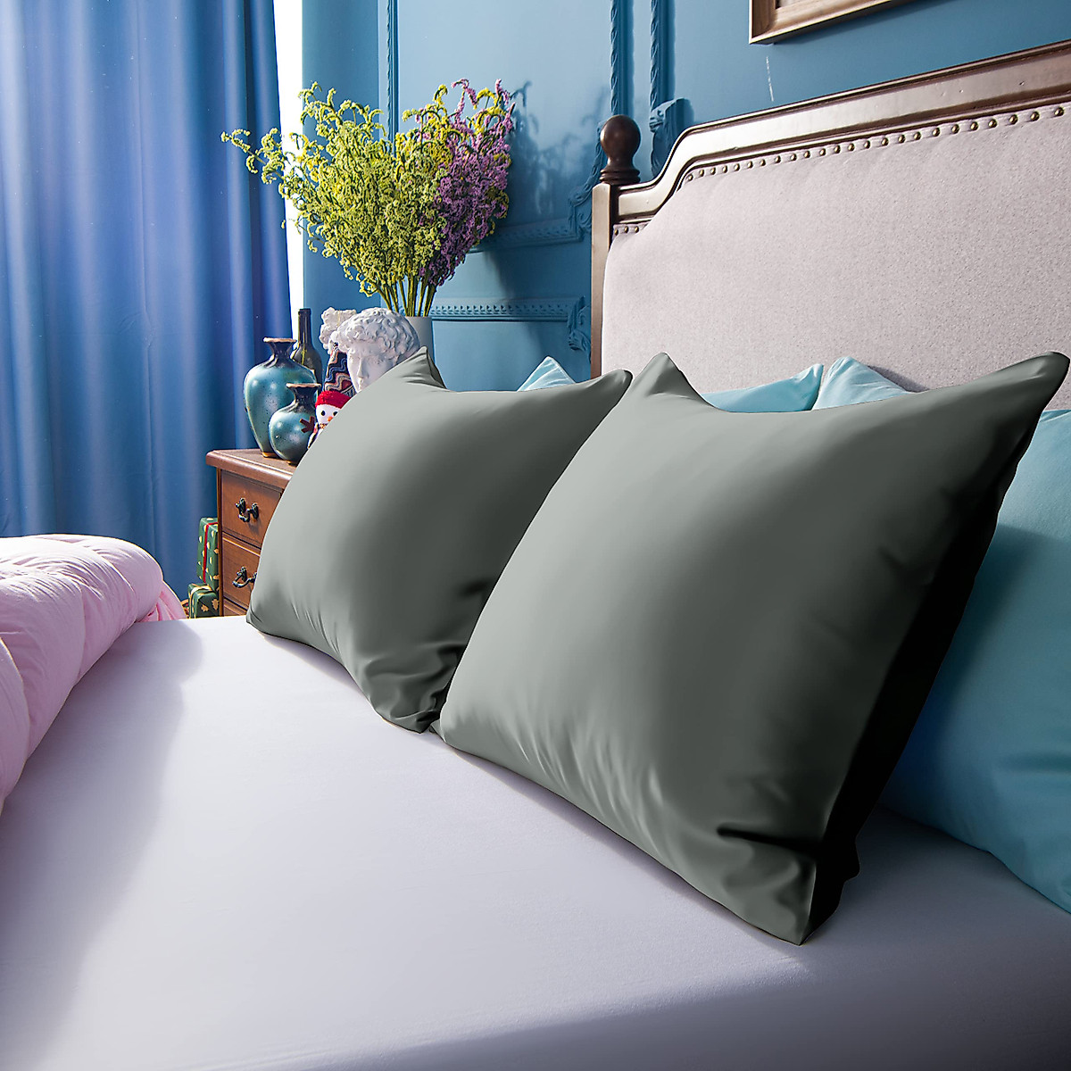 NTBAY Zippered Satin Pillow Cases for Hair and Skin, Luxury Standard Hidden Zipper Pillowcases Set of 2, 20x26 Inches, Dark Grey