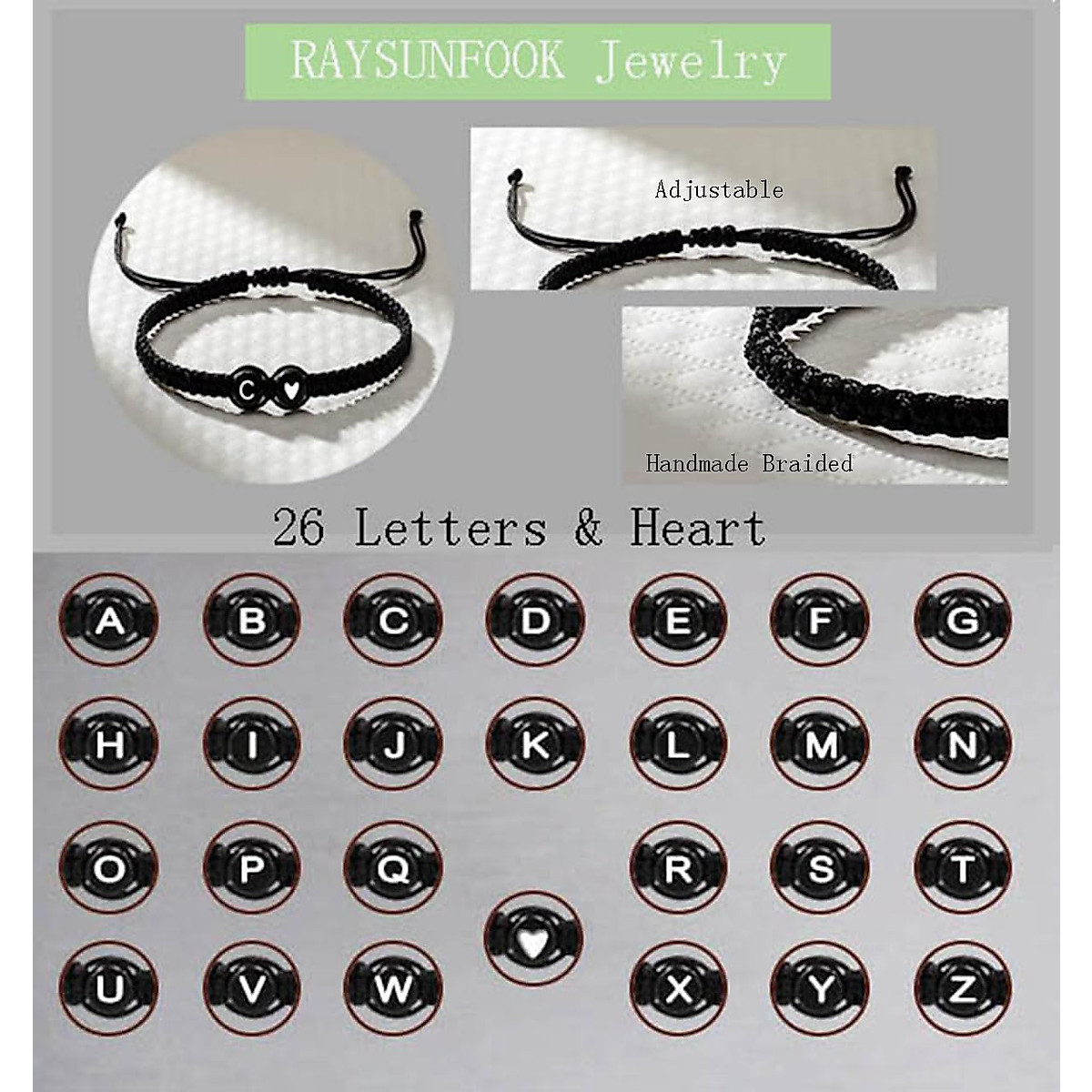 Raysunfook A to Z Braided Letter Bracelets 26 Initial Bracelets for Women Adjustable Black Rope Bracelet BFF Birthday Gifts Graduation Gift for Friends Sister Daughter Mother Friendship Jewelry