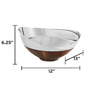 nambe Pulse Salad Bowl w/Servers | Large 13 Inch Salad Bowl with Serving Utensils | 3 Piece Decorative Wooden Salad Bowl Set | Made of Stainless Steel and Acacia Wood | Bowl is Dishwasher Safe