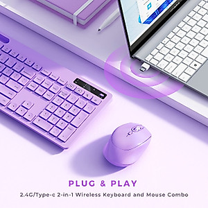 Keyboard and Mouse Wireless, Vivefox Wireless Keyboard with Phone Holder USB A & Type C Receiver Cute Keyboard and Mouse Compatible for Windows, Mac, MacBook/Air/Pro Computer (Purple)