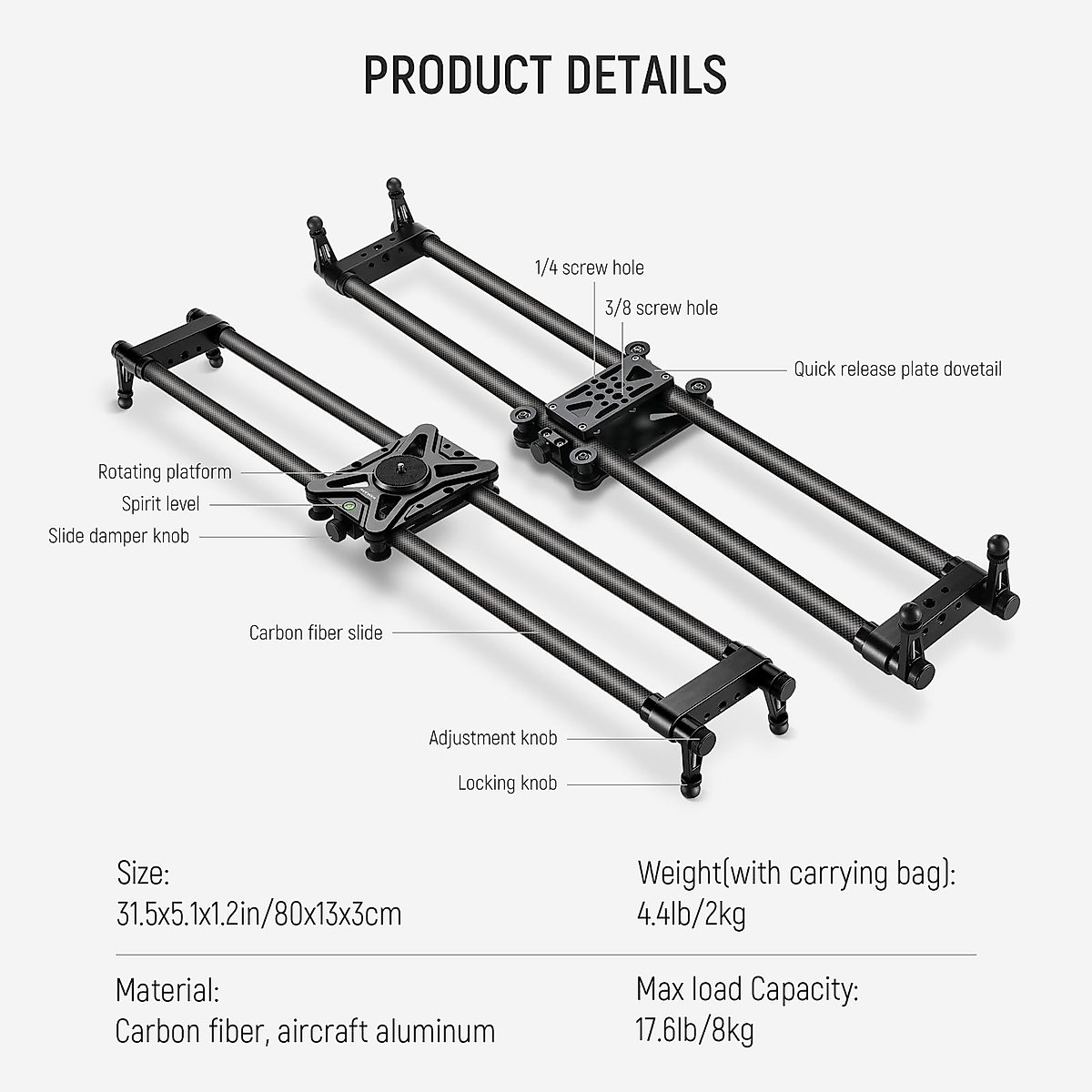 NEEWER 31.5 inches / 80 cm Carbon Fibre Camera Slider, Dolly with Thicker Tube and More Stable Support, 4 Precise Smooth Bearings and Levelling for DSLR Camera Camcorder, max Load 8 kg, CS80 cm