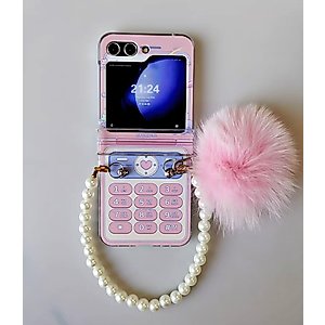 GO-VOLMON Cute Case for Galaxy Z Flip 5 for Grils, Pearl Strap Case for Z Flip 5 with Fluffy Pompon, Woman Wristband Case for Galaxy Z Flip 5 with Pink Phone Print and Furry Ball