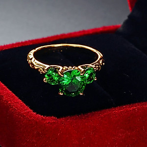 Hsitgexf Green Simulated Emerald 18K Yellow Gold Plated Silver Women Ring ,Fashion Round-cut Cubic Zirconia Three-stone Engagement Ring (US size 10)