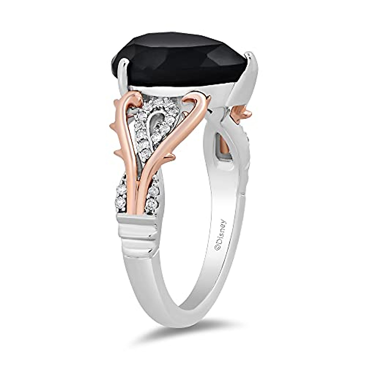 Jewelili Enchanted Disney Fine Jewelry Sterling Silver and 10k Rose Gold 1/10 CTTW and Black Spinel Maleficent Ring Size 6