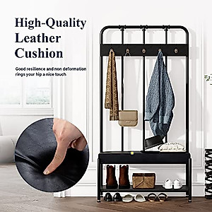 Allewie Coat Rack Shoe Bench, 76" Freestanding Hall Tree, Entryway Bench with Storage Shelves, Upholstered Sponge-Padded Seat, Organized with 5 Hooks, Industrial Accent Furniture, Easy Assembly, Black