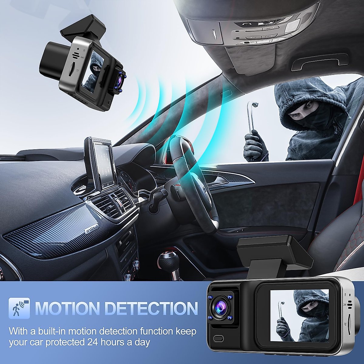 3 Channel 4K Dash Cam, Dash Camera for Cars with 64GB SD Card, 4K+1080P+1440P Dash Cam Front and Rear Inside, Super Night Vision, Loop Recording, G-Sensor, Motion Detection, 24 Hours Parking Mode