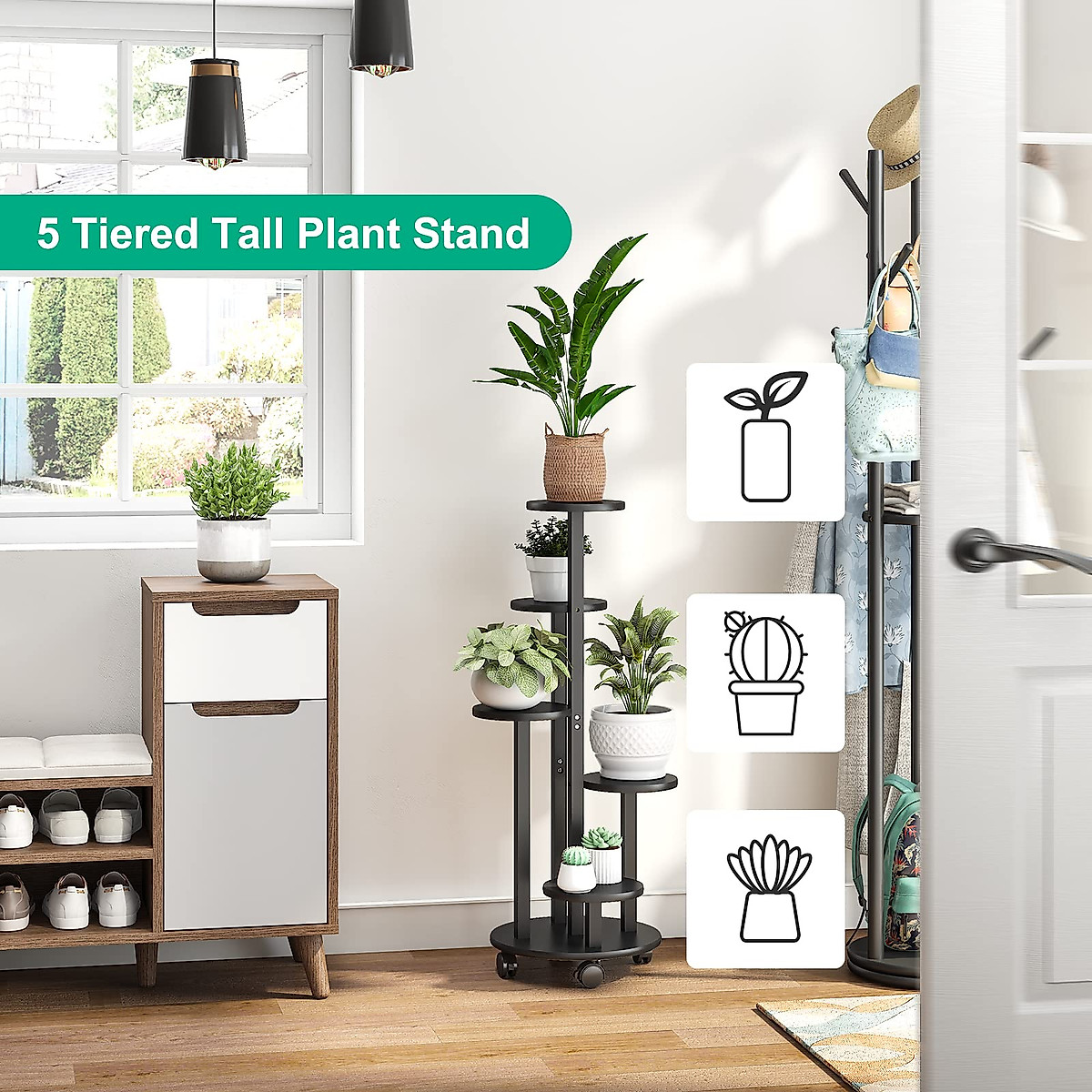 Black Plant Stand with Wheels, 5 Tiered Bamboo Tall Plant Stands for Indoor Plants Multiple, Corner Plant Stand for Window Garden Balcony Living Room Outdoor